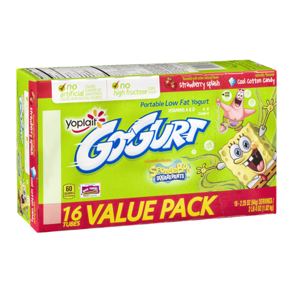GO-GURT® Portable Low Fat Yogurt SpongeBob Squarepants Strawberry Splash Cool Cotton Candy ...